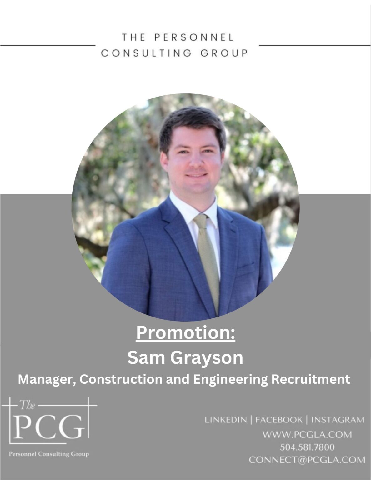 PCG Promotes Sam Grayson | The Personnel Consulting Group LLC